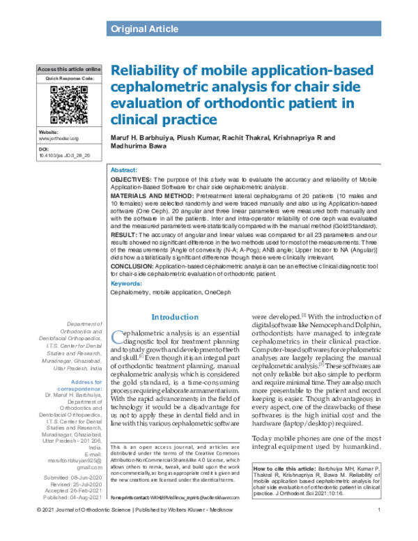 (PDF) Reliability of mobile application-based cephalometric analysis for chair side evaluation ...