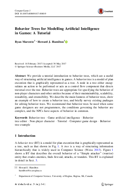 (PDF) Behavior Trees for Modelling Artificial Intelligence in Games: A Tutorial