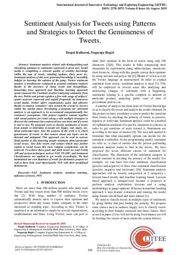 (PDF) Sentiment Analysis for Tweets using Patterns and Strategies to Detect the Genuineness of ...