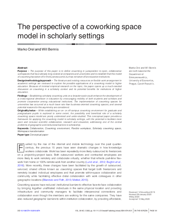 (PDF) The perspective of a coworking space model in scholarly settings