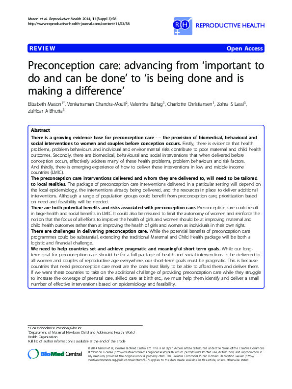 (PDF) Preconception care: advancing from 'important to do and can be done' to 'is being done and ...