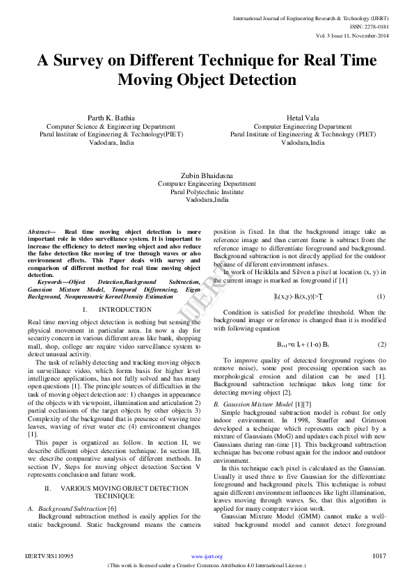 (PDF) A Survey on Different Technique for Real Time Moving Object Detection