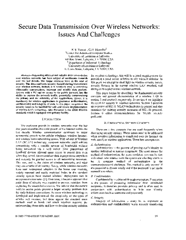 Pdf Secure Data Transmission Over Wireless Networks Issues And