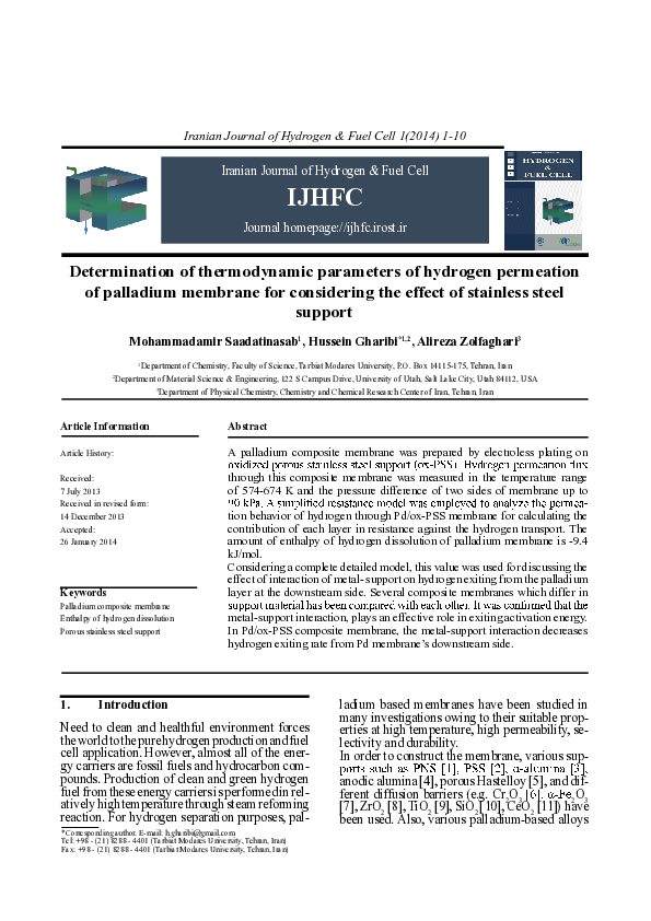 (PDF) Determination of thermodynamic parameters of hydrogen permeation of palladium membrane for ...