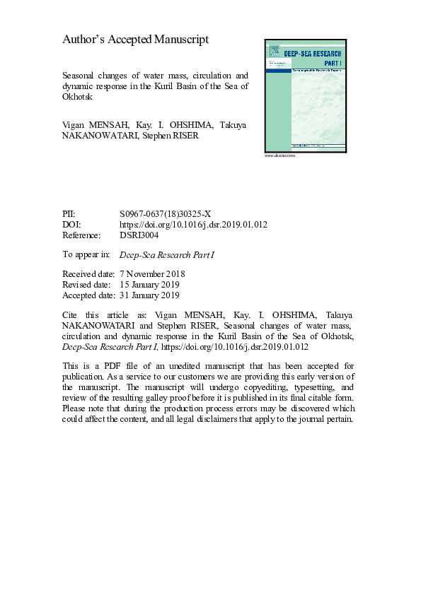 (PDF) Seasonal changes of water mass, circulation and dynamic response ...