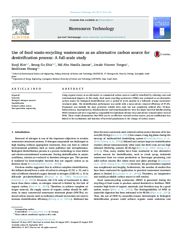 (PDF) Use of food waste-recycling wastewater as an alternative carbon ...