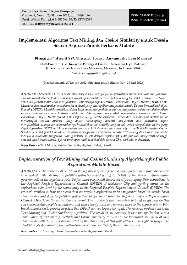 Pdf Implementasi Algoritma Text Mining Dan Cosine Similarity Untuk Desain Sistem Aspirasi