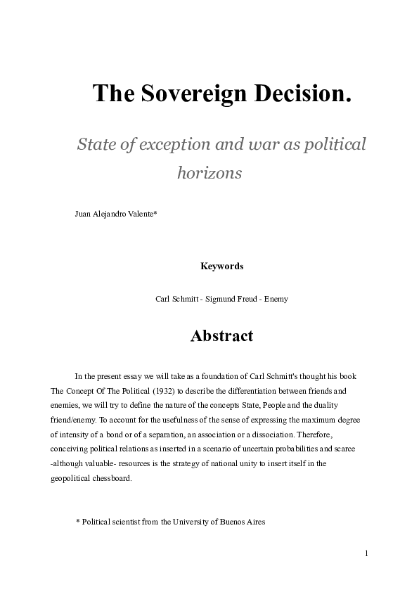 (PDF) The Sovereign Decision. State of exception and war as political ...