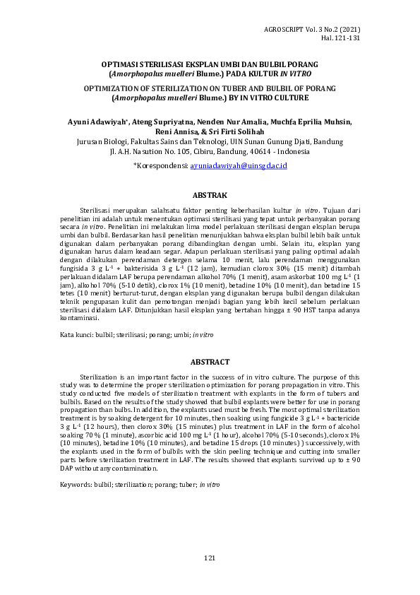 (PDF) Oprimasi Sterilisasi Eksplan Umbi dan Bulbil Porang (Amorphopalus ...