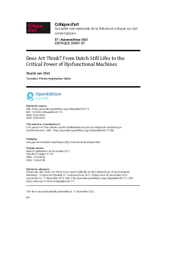 (PDF) Does Art Think? From Dutch Still Lifes to the Critical Power of ...