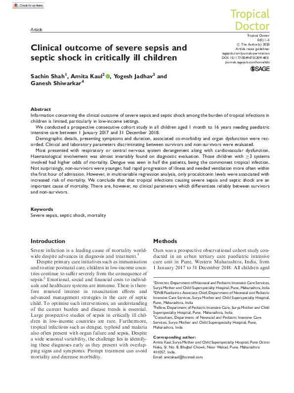 (PDF) Clinical outcome of severe sepsis and septic shock in critically ...