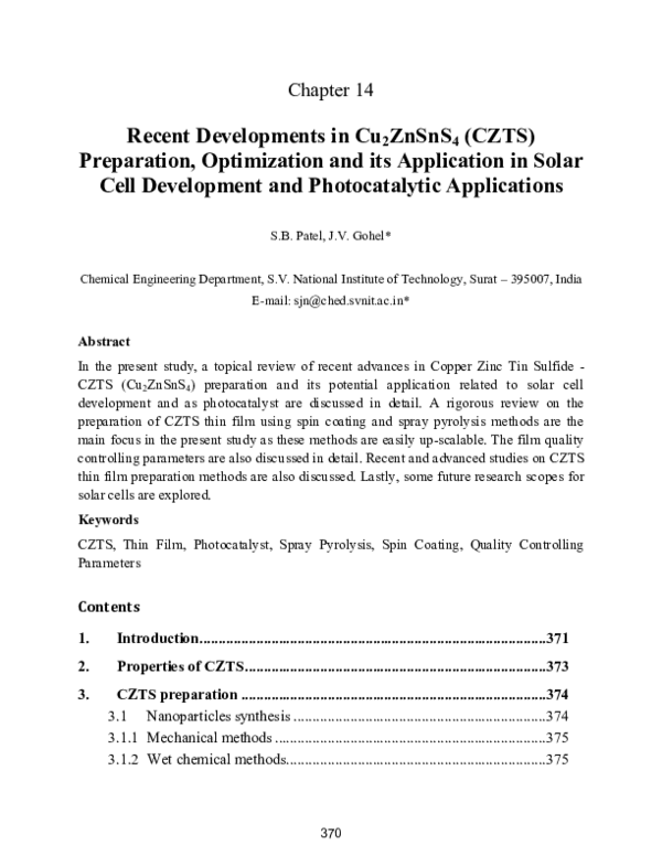 (PDF) Recent Developments in Cu2ZnSnS4 (CZTS) Preparation, Optimization and its Application in ...