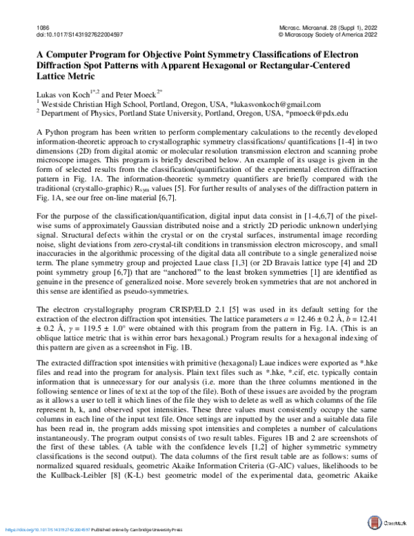 (PDF) A Computer Program for Objective Point Symmetry Classifications of Electron Diffraction ...