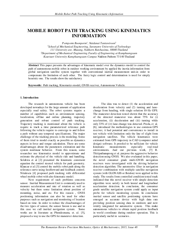 (PDF) Mobile Robot Path Tracking Using Kinematics Information
