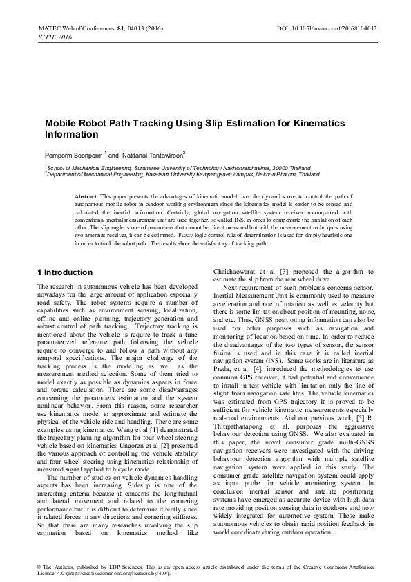 (PDF) Mobile Robot Path Tracking Using Slip Estimation for Kinematics Information