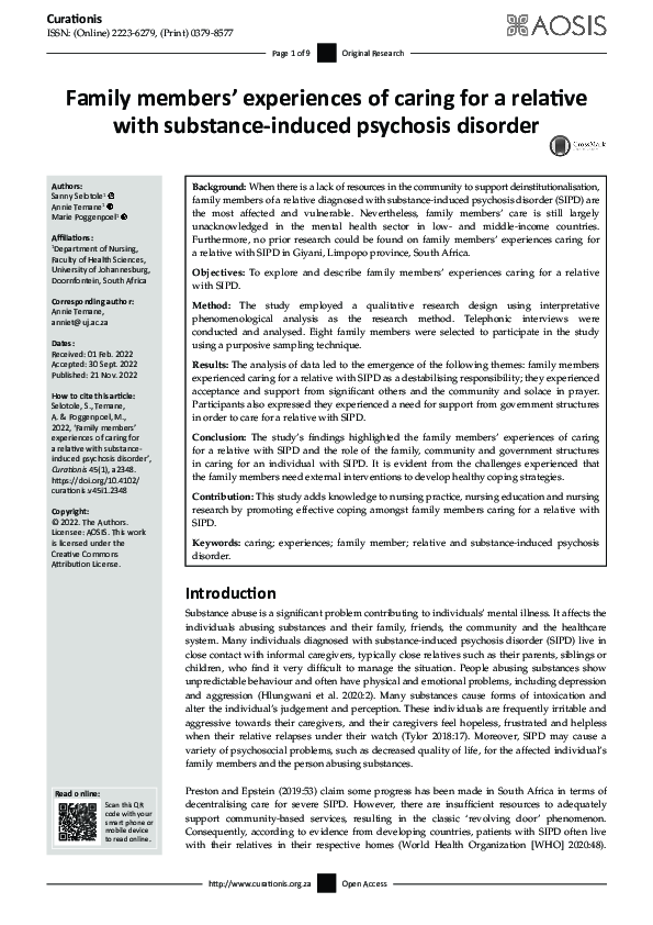 (PDF) Family members’ experiences of caring for a relative with substance-induced psychosis disorder