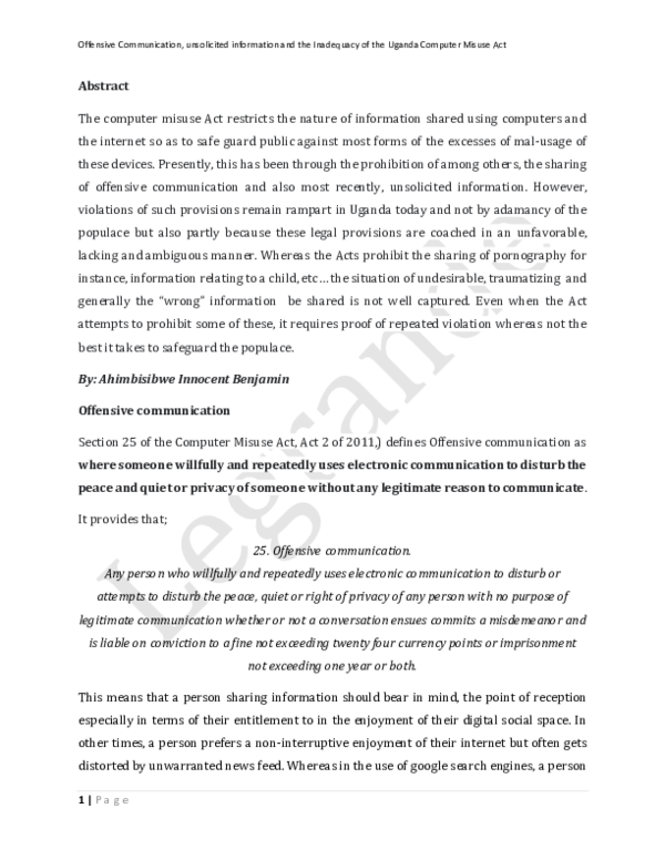 (PDF) Offensive Communication, unsolicited information and the Inadequacy of the Uganda Computer ...
