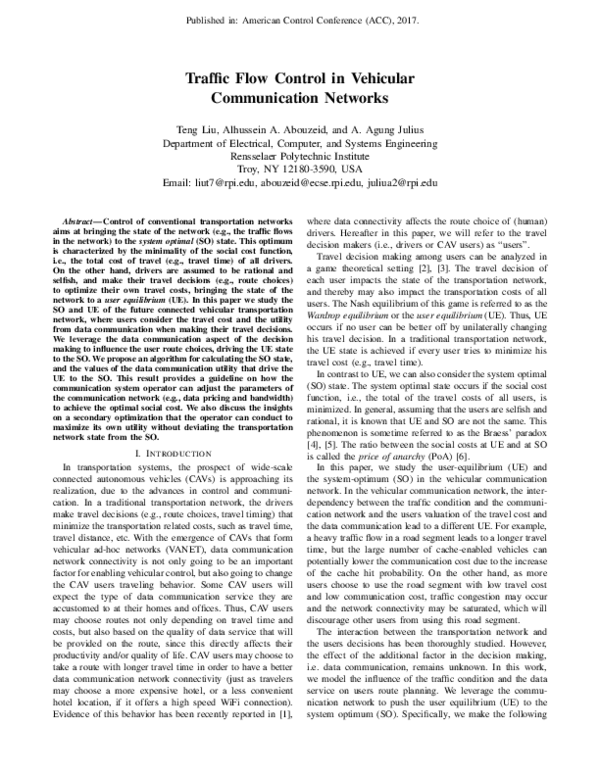 (PDF) Traffic flow control in vehicular communication networks