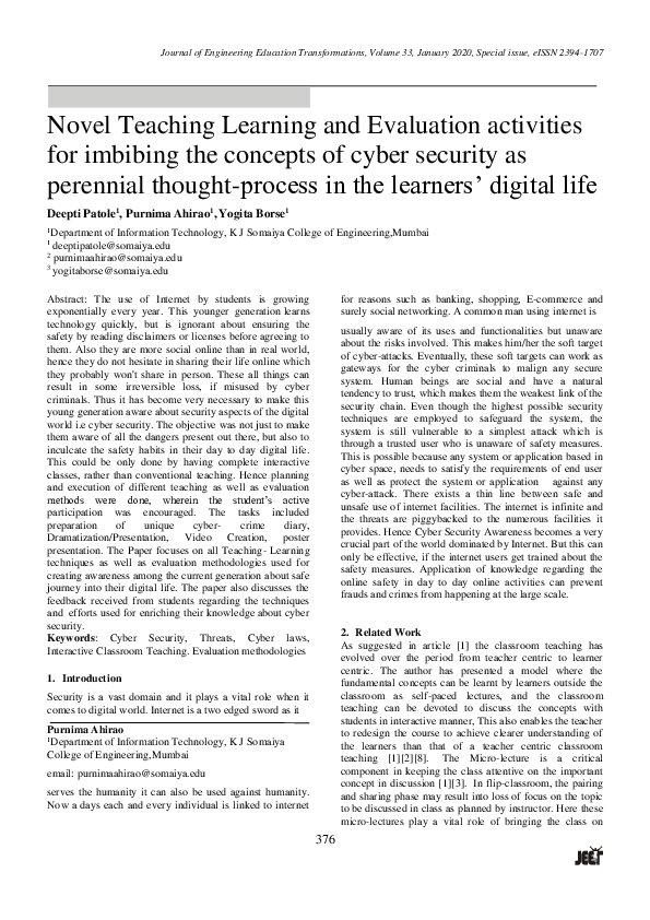 (PDF) Novel Teaching Learning and Evaluation Activities for Imbibing the Concepts of Cyber ...