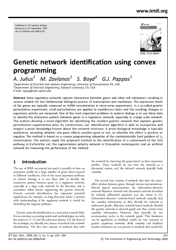 (PDF) Genetic network identification using convex programming