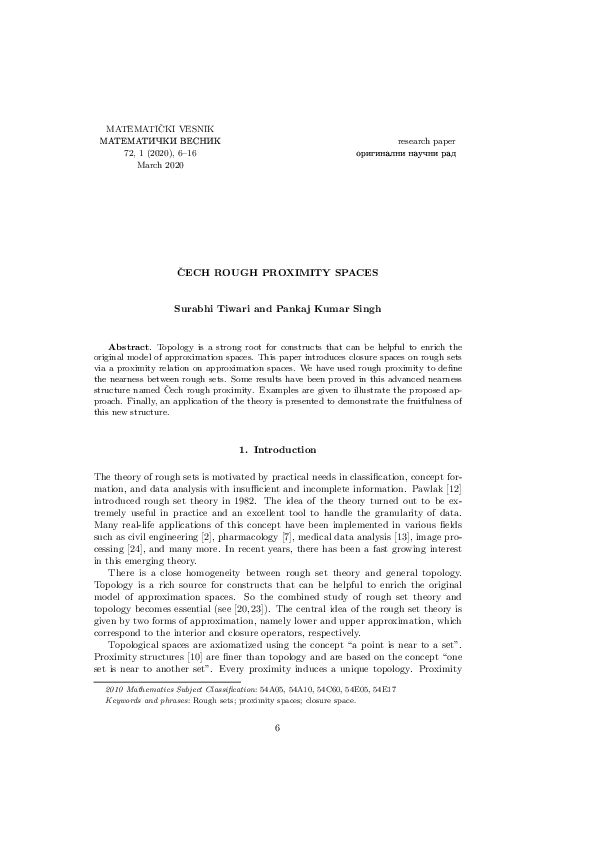 Pdf Čech Rough Proximity Spaces