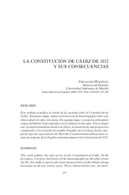 (PDF) La Constitución de Cádiz de 1812 y sus consecuencias