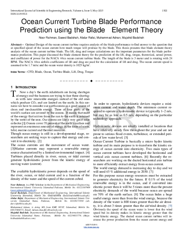 Pdf Ocean Current Turbine Blade Performance Prediction Using The Blade Element Theory
