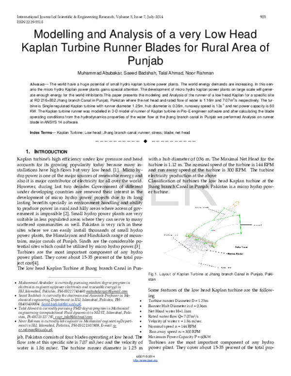 (PDF) Modelling and Analysis of a very Low Head Kaplan Turbine Runner ...