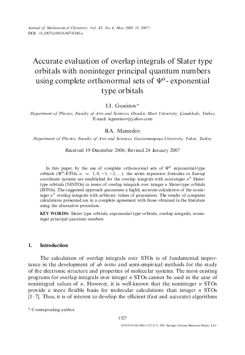 (PDF) Accurate evaluation of overlap integrals of Slater type orbitals ...