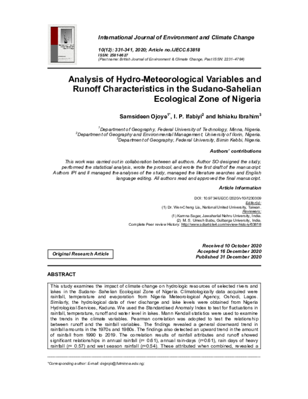 (PDF) Analysis of Hydro-Meteorological Variables and Runoff Characteristics in the Sudano ...