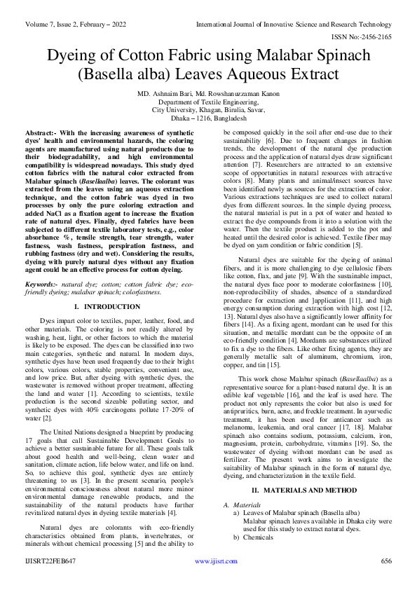 (PDF) Dyeing of Cotton Fabric using Malabar Spinach (Basella alba) Leaves Aqueous Extract