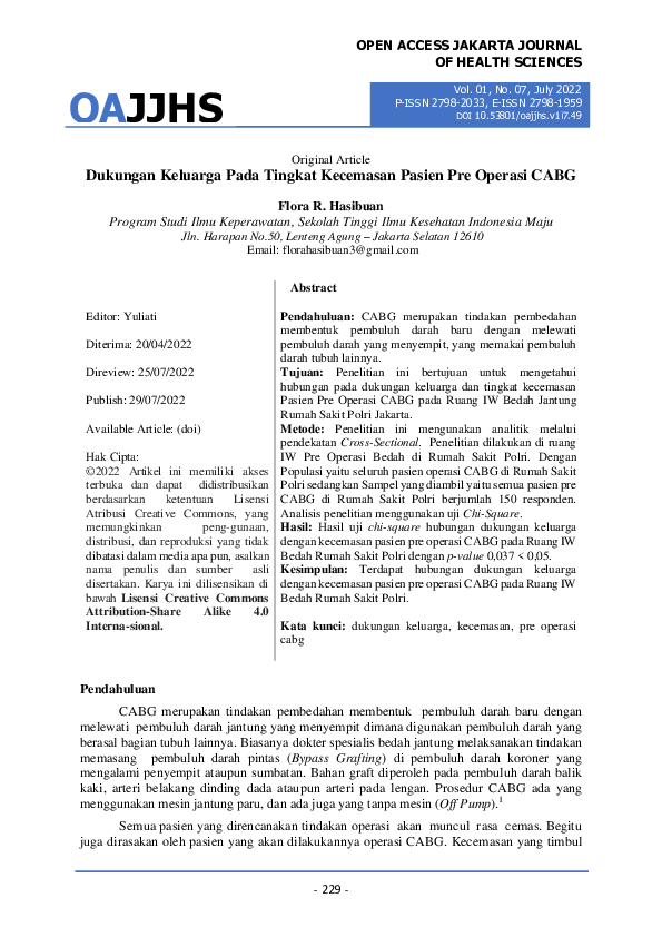 (PDF) Dukungan Keluarga Pada Tingkat Kecemasan Pasien Pre Operasi CABG