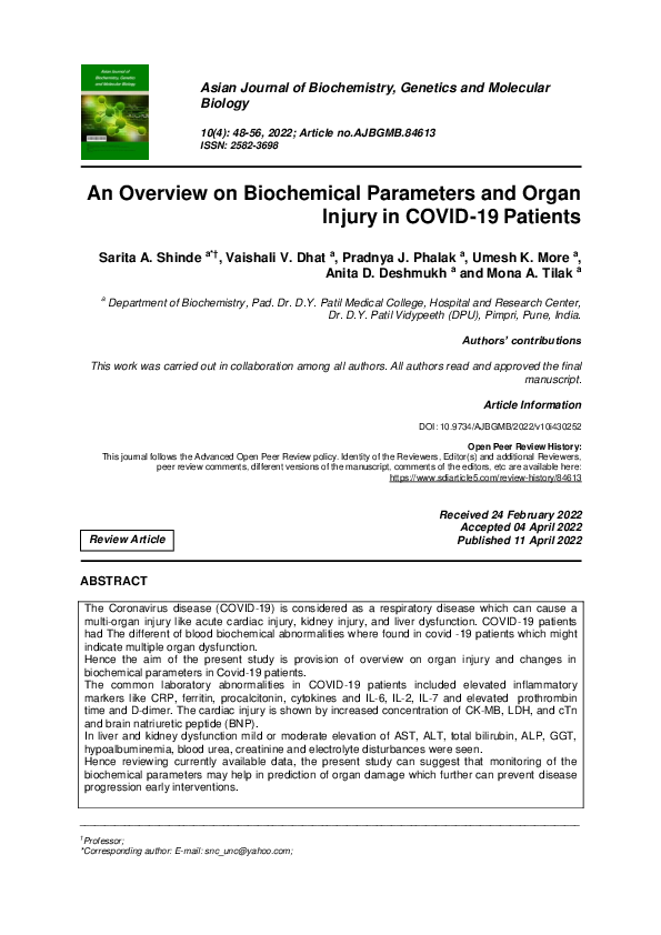 (PDF) An Overview on Biochemical Parameters and Organ Injury in COVID ...