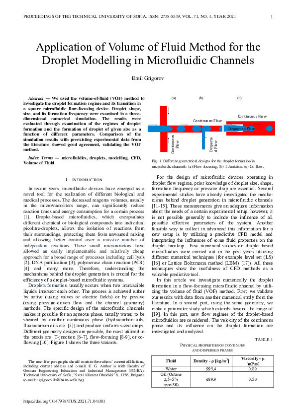 (PDF) Application of Volume of Fluid Method for the Droplet Modelling in Microfluidic Channels