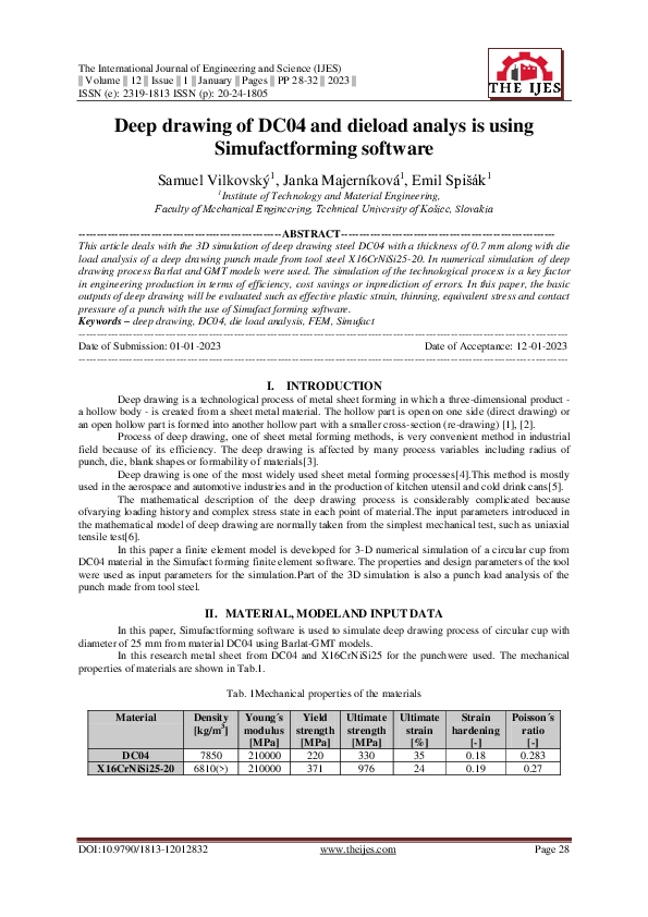 (PDF) Deep drawing of DC04 and dieload analys is using Simufactforming software
