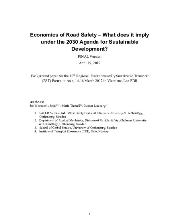 (PDF) Economics of Road Safety – What does it imply under the 2030 ...