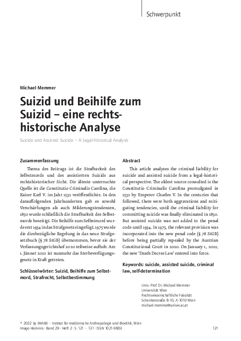 (PDF) Suizid und Beihilfe zum Suizid - eine rechtshistorische Analyse