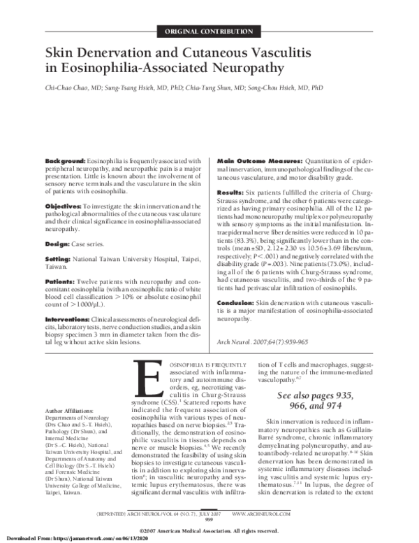 Skin Denervation and Cutaneous Vasculitis in Eosinophilia-Associated ...
