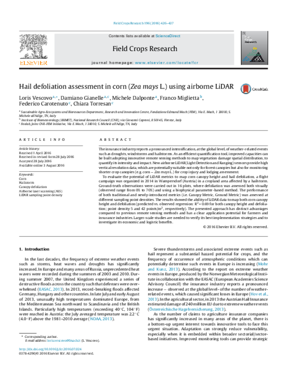 (PDF) Hail defoliation assessment in corn ( Zea mays L.) using airborne ...
