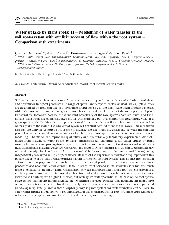 (PDF) Water Uptake by Plant Roots: II – Modelling of Water Transfer in the Soil Root-system with ...