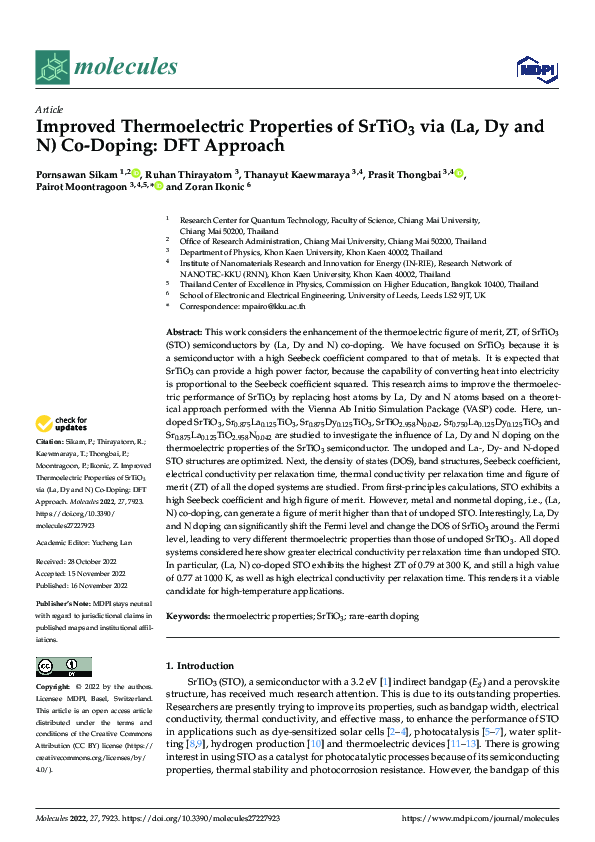 (PDF) Improved Thermoelectric Properties of SrTiO3 via (La, Dy and N) Co-Doping: DFT Approach