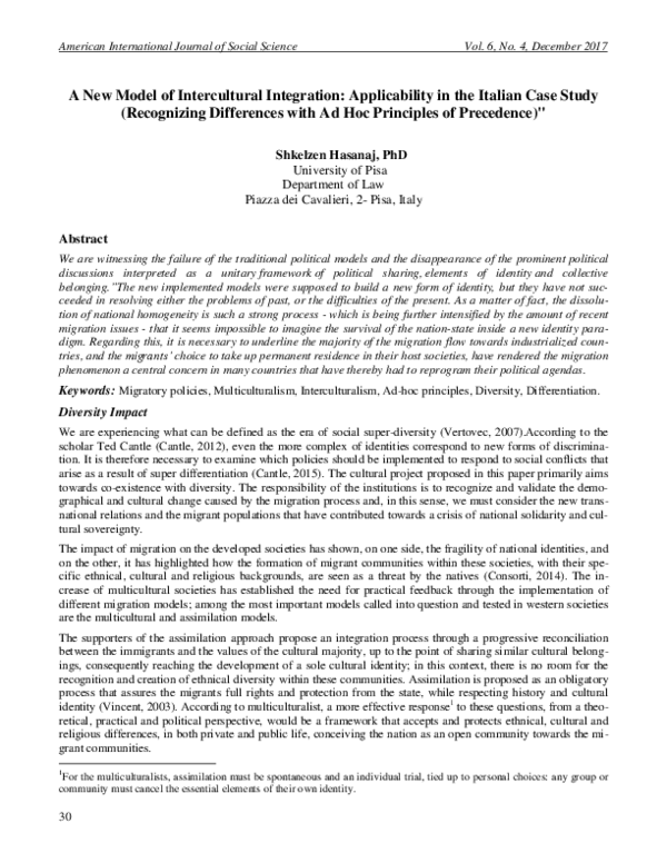 (PDF) A New Model of Intercultural Integration : Applicability in the Italian Case Study ...