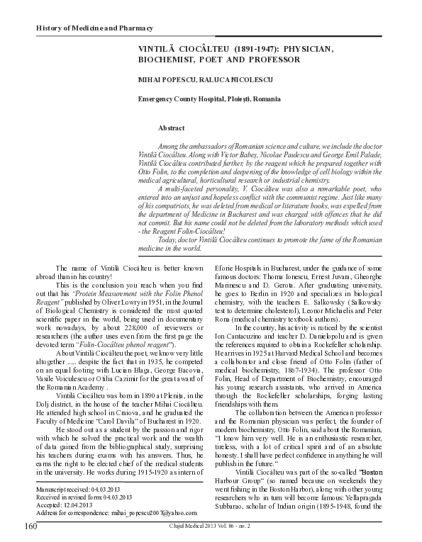 (PDF) Vintilă Ciocâlteu (1891-1947): physician, biochemist, poet and ...