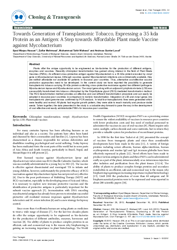 (PDF) Towards Generation of Transplastomic Tobacco, Expressing a 35 ...