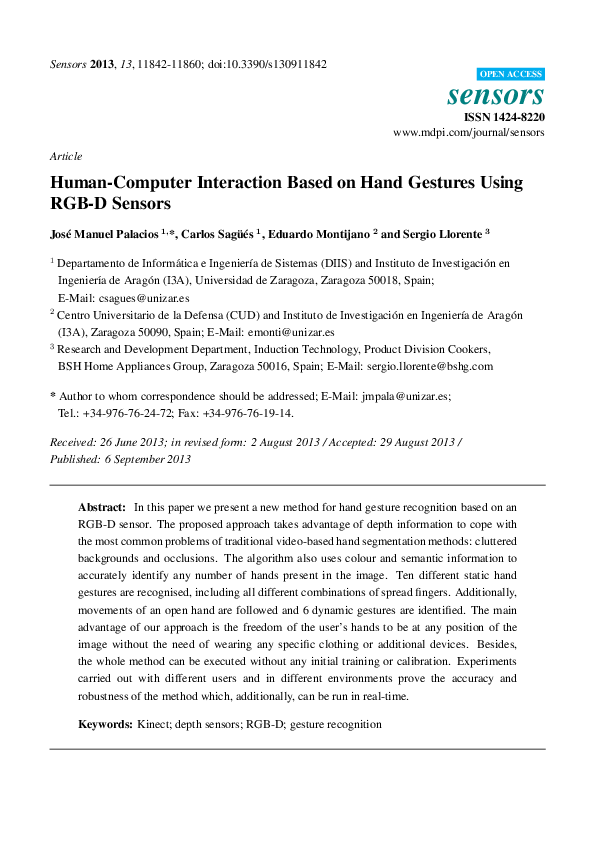 (PDF) Human-Computer Interaction Based on Hand Gestures Using RGB-D Sensors