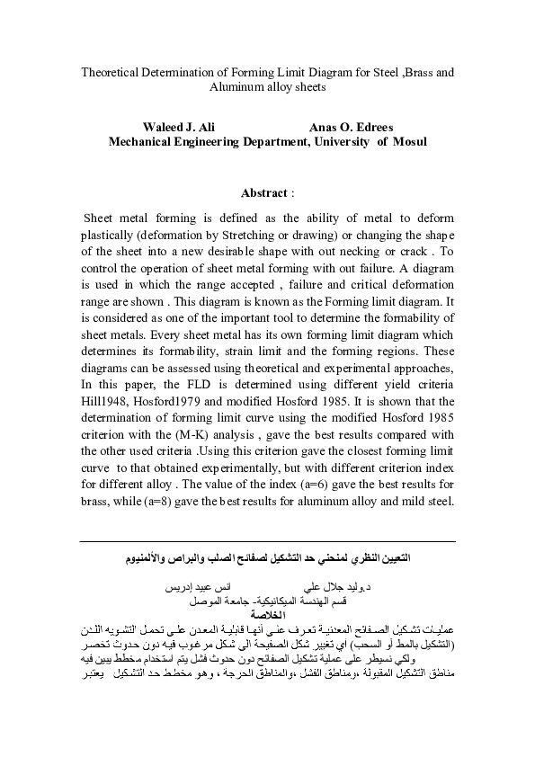 Pdf Theoretical Determination Of Forming Limit Diagram For Steel Brass And Aluminum Alloy Sheets