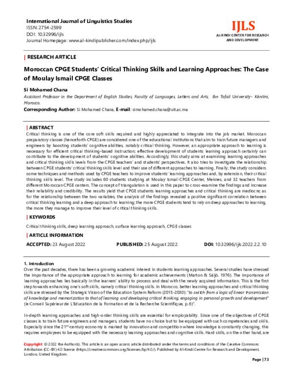 (PDF) Moroccan CPGE Students’ Critical Thinking Skills and Learning Approaches: The Case of ...