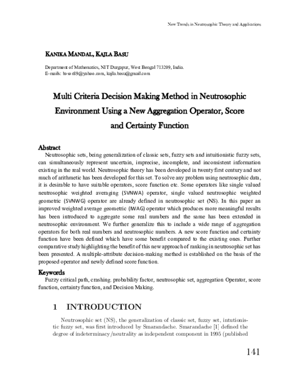 (PDF) Multi Criteria Decision Making Method In Neutrosophic Environment Using A New Aggregation ...