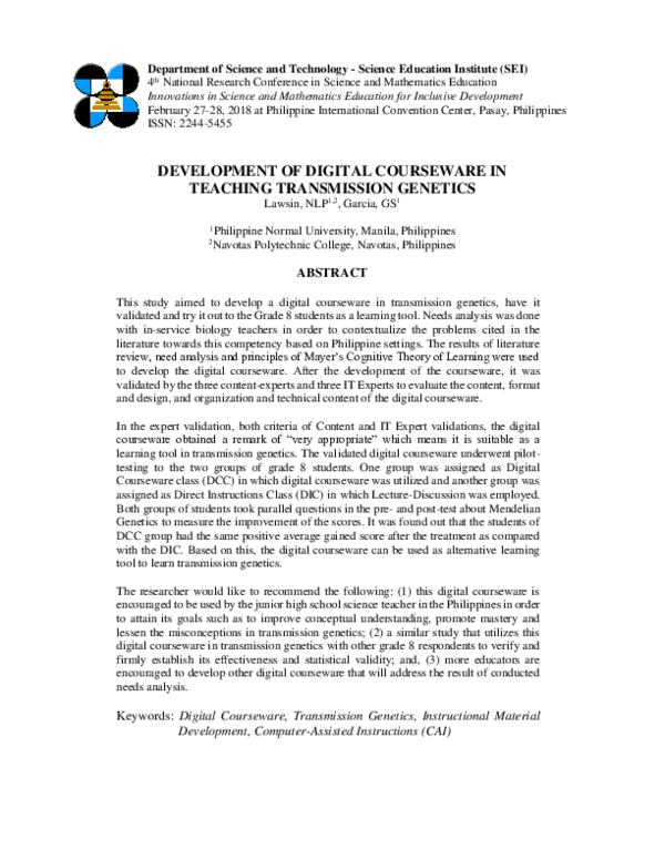 (PDF) DEVELOPMENT OF DIGITAL COURSEWARE IN TEACHING TRANSMISSION GENETICS