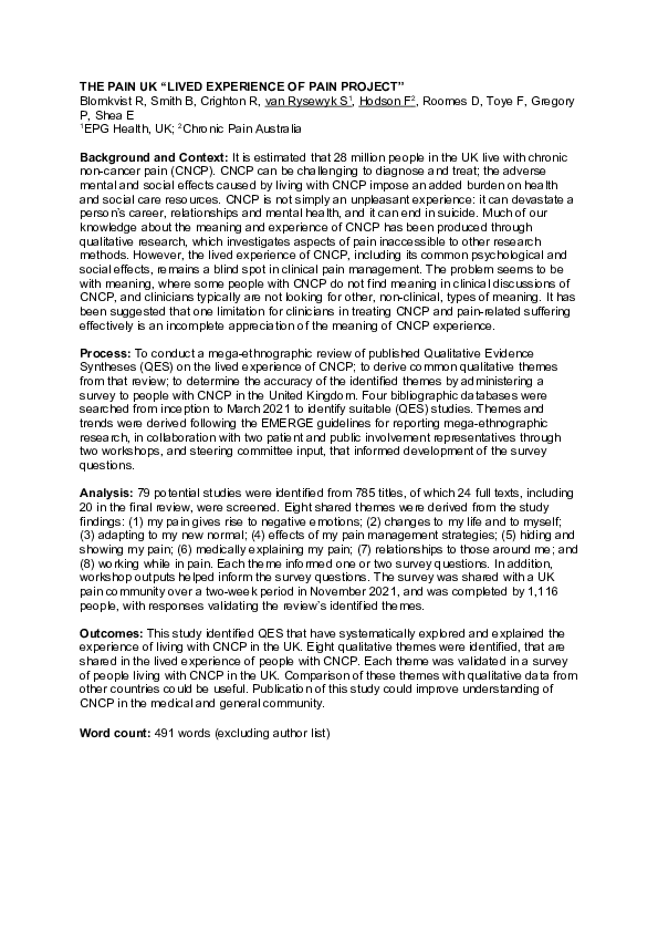 (DOC) THE PAIN UK "LIVED EXPERIENCE OF PAIN PROJECT"